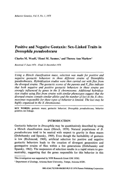 Pdf Positive And Negative Geotaxis Sex Linked Traits In Drosophila
