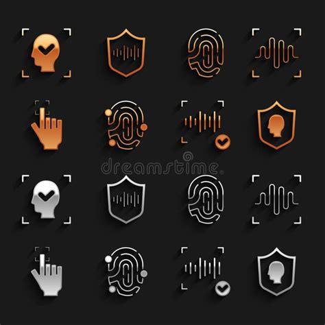 Set Fingerprint Voice Recognition User Protection Face And Shield Voice Icon Vector Stock