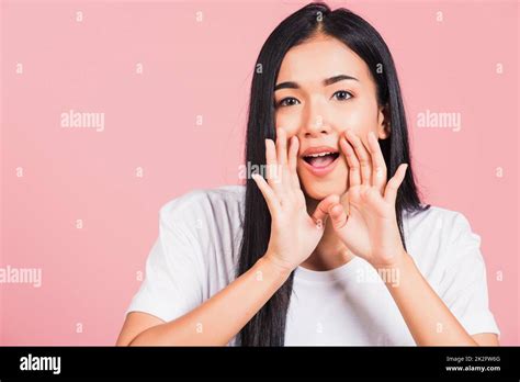 Woman Teen Standing Hand On Mouth Talking Whisper Secret Rumor Stock