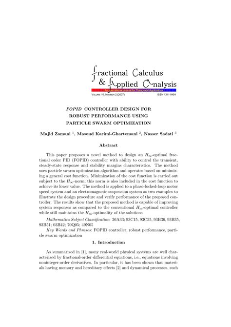 Pdf Fopid Controller Design For Robust Performance Using Particle