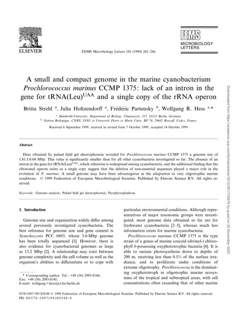 Pdf A Small And Compact Genome In The Marine Cyanobacterium Prochlorococcus Marinus Ccmp 1375