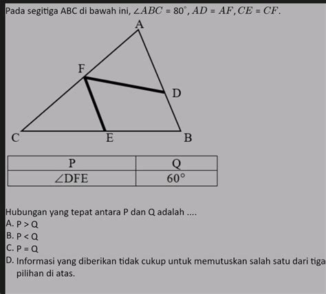 Pada segitiga ABC di bawah ini ABC = 80 AD = | StudyX