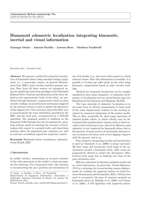Pdf Humanoid Odometric Localization Integrating Kinematic Inertial And Visual Information