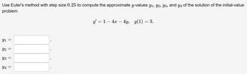 Answered: Use Euler's method with step size 0.25 to compute the approximate y-values y₁, y2, y3 ...