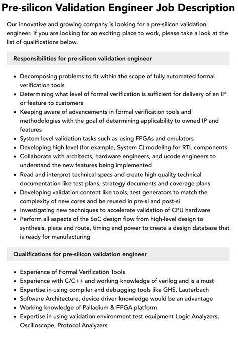 Pre Silicon Validation Engineer Job Description Velvet Jobs