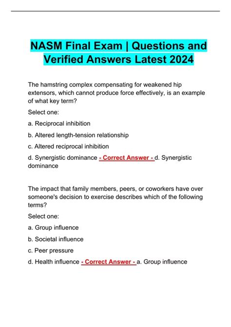 NASM Final Exam Questions And Verified Answers Latest Nasm Stuvia US