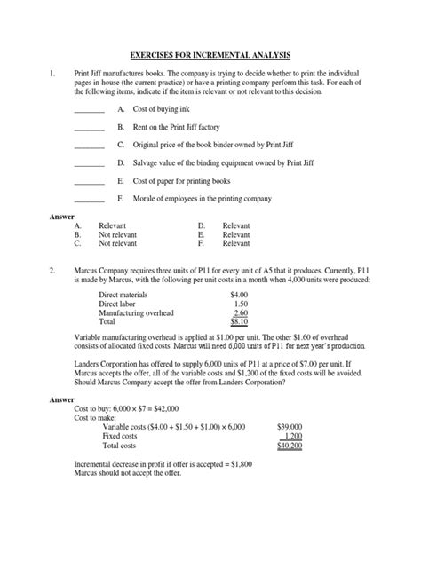 Practice Ques Incremental Analysis Pdf Pdf Cost Business Economics