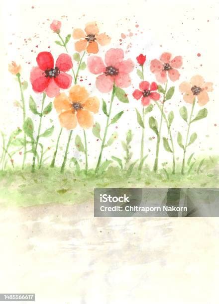 나뭇잎과 풀이 있는 화려한 꽃의 수채화 그림 자연 배경 봄 또는 여름을 위한 그림입니다 수채화에 대한 스톡 벡터 아트 및 기타 이미지 수채화 수채화 물감 꽃 식물