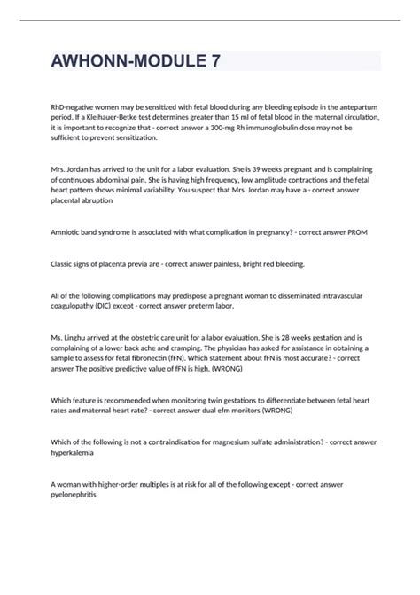 AWHONN MODULE Questions And Answers Verified AWHONN Stuvia US