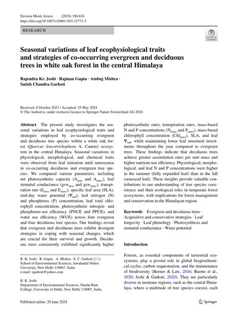 Pdf Seasonal Variations Of Leaf Ecophysiological Traits And