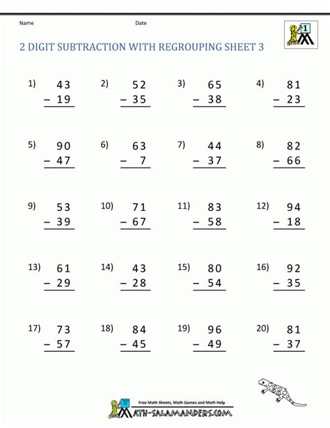 Subtraction 2 Digit Numbers Worksheet Printable Pdf Template