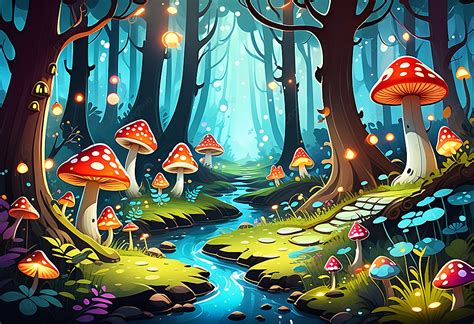Fondo Bosque Mágico De Dibujos Animados Con Luciérnagas Brillantes Y