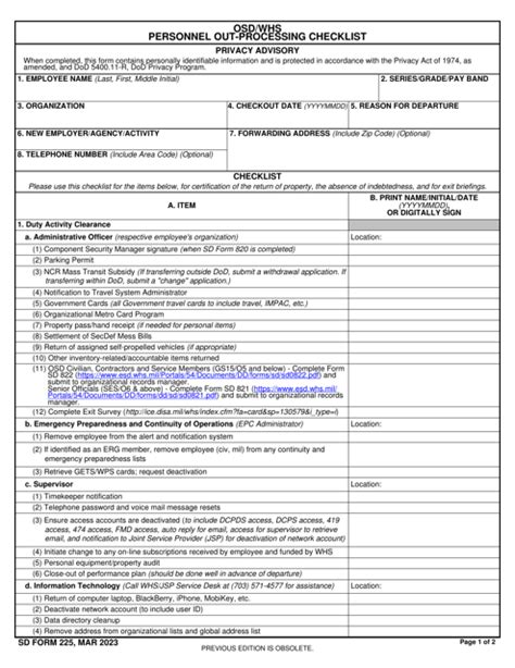 Sd Form 225 Download Fillable Pdf Or Fill Online Osdwhs Personnel Out