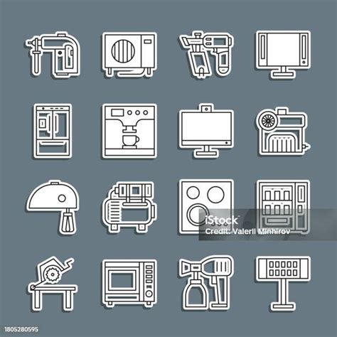 세트 라인 전기 히터 자동 판매기 공기 압축기 네일 건 커피 및 컵 냉장고 로터리 해머 드릴 및 컴퓨터 모니터 아이콘 벡터 Rotary International에 대한 스톡