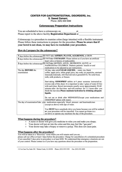 Colonoscopy Preparation Checklist Template Center For Gastrointestinal Disorders Inc