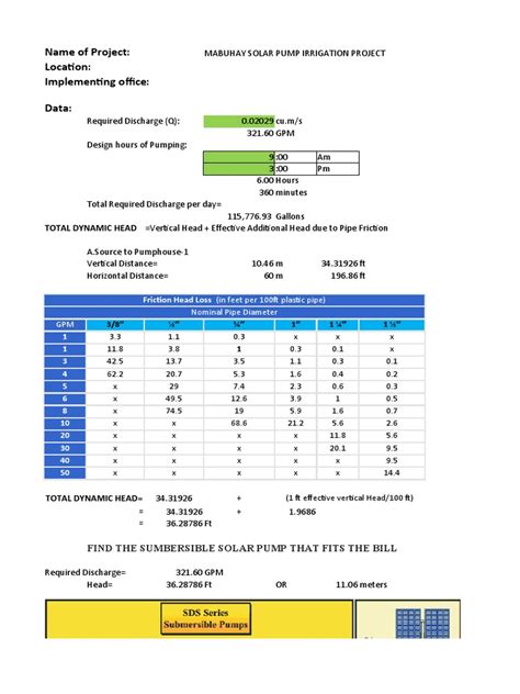 Solar Pump Excel Computation Pdf Gallon Pump