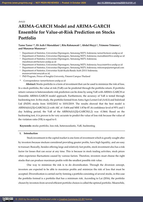 Pdf Arima Garch Model And Arima Garch Ensemble For Value At Risk Prediction On Stocks Portfolio