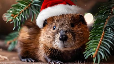 A Beaver Wearing A Santa Hat Sitting Under A Christmas Tree 50621246