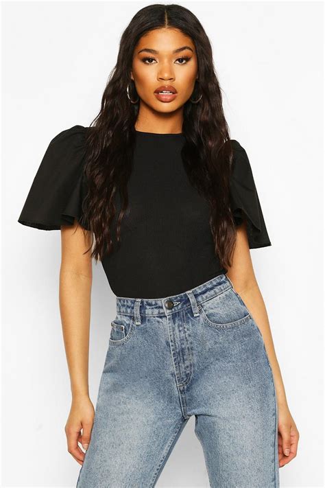 Ribbed Flare Sleeve Bodysuit Boohoo Usa