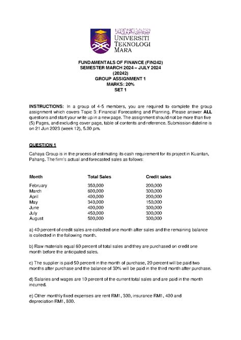 assignment 1 fin242 set 1 fundamentals of finance fin242 semester
