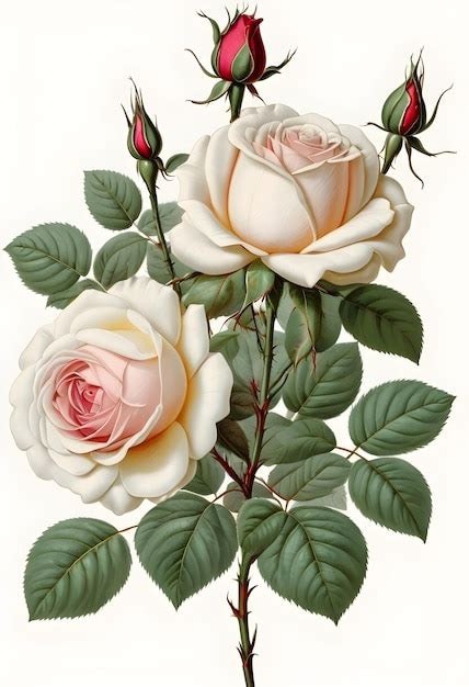 Beautiful Rose Botanical Illustration On White Background With Vintage