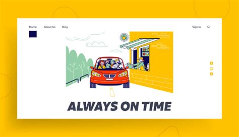 자동차에서 편리한 지불 방문 페이지 템플릿을 통해 드라이브 문자는 신용 카드 포스 터미널서비스를 지불합니다 고객이 자동차를 떠나지 않고 상품을 구매합니다 선형 사람 벡터