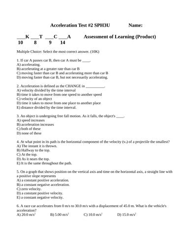 Physics Acceleration Test With Answers Linear Acceleration Ualm Projectiles 14 Teaching Resources