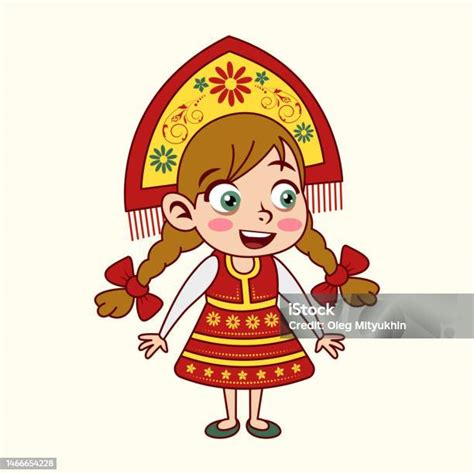 สาวการ์ตูนเวกเตอร์ในชุดรัสเซียแบบดั้งเดิม ภาพประกอบผู้หญิงพื้นบ้านรัสเซียตลก ภาพประกอบสต็อก