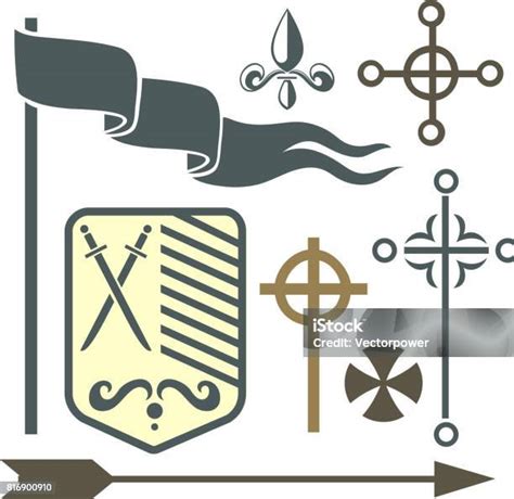 전 령 로얄 크레스트 중세 기사 요소 빈티지 왕 상징 문장 학 성 배지 벡터 일러스트 레이 션 고전갑옷에 대한 스톡 벡터 아트 및 기타 이미지 Istock