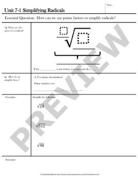 Unit Simplifying Radicals By MathwMrsN TPT