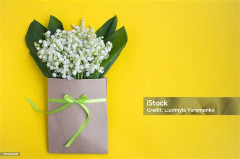 노란 배경에 녹색 리본으로 묶인 봉투에 계곡의 백합 맨 위 보기입니다 공간을 복사합니다 0명에 대한 스톡 사진 및 기타 이미지 Istock