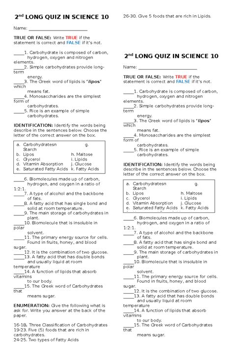 2nd Long Quiz In Science 10 2 Nd Long Quiz In Science 10 Name