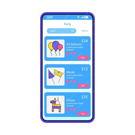 파티 액세서리 스마트폰 인터페이스 벡터 템플릿입니다 모바일 쇼핑 앱 페이지 블루 디자인 레이아웃입니다 생일 필수품 온라인 스토어 화면 플랫 Ui 공기 풍선 마스크
