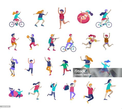 아이들이 놀고 활동을하고 가젯 달리기 점프 및 가방과 선물로 행복한 아이들 자전거를 타고 수영하는 그림 던지기에 대한 스톡 벡터