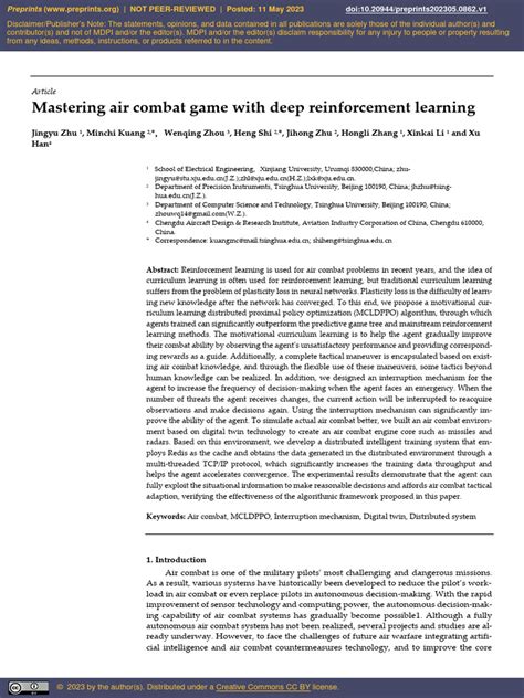 Mastering Air Combat Game With Deep Reinforcement Learning 2023 Zhu Et Al Pdf Simulation