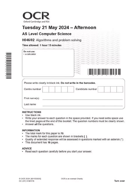 Ocr 2024 As Level Computer Science H04602 Algorithms And Problem Solving Question Paper And Mark