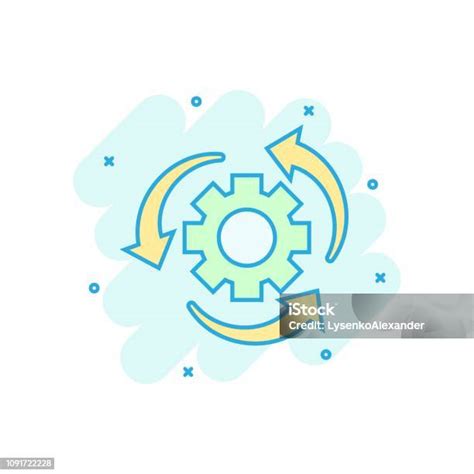 워크플로 프로세스 아이콘 만화 스타일입니다 화살표 벡터 만화 그림 그림으로 기어 Cog 휠 워크플로 비즈니스 개념 스플래시 효과입니다 모션에 대한 스톡 벡터 아트 및 기타