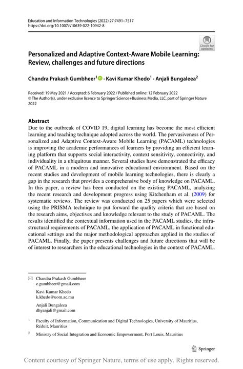 Personalized And Adaptive Context Aware Mobile Learning Review Challenges And Future