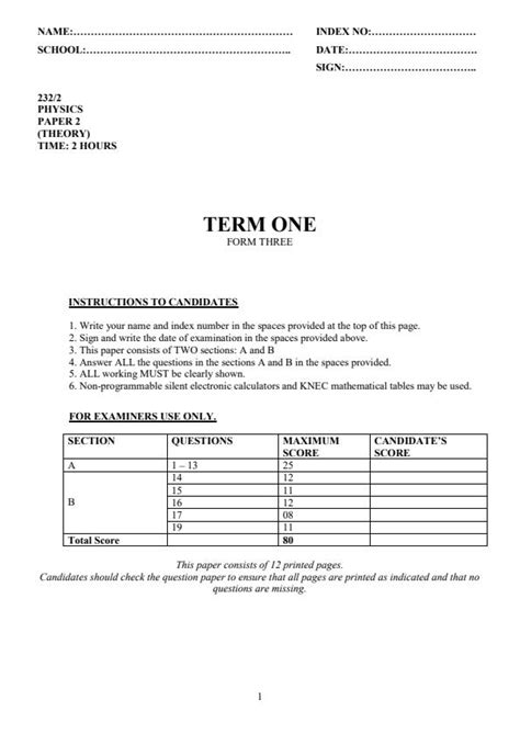 Form 3 Physics Paper 2 End Term 1 Examination 2023 1512