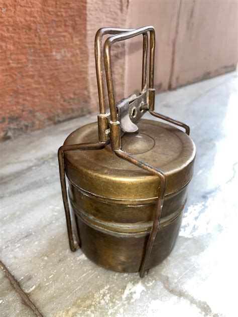 Brass Lunch Box With 2 Compartments Indian Kitchen Decor Antique Old