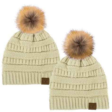 Cc Hat 43 Thick Warm Cap Hat Skully Faux Fur Pom Pom Cable Knit Beanie