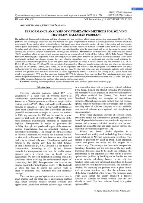 Pdf Performance Analysis Of Optimization Methods For Solving Traveling Salesman Problem