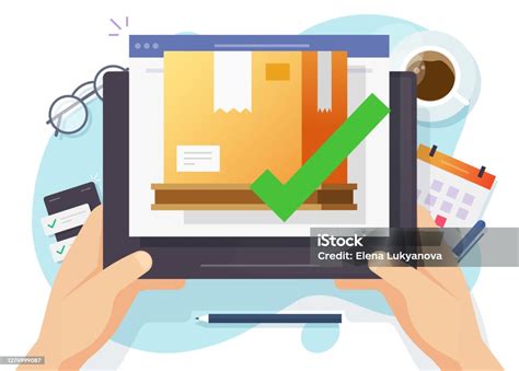 화물 화물 주문 은 Pc 화면 평면 만화 벡터 일러스트레이션에 체크 마크 전자 승인과 함께 전달 된 디지털 태블릿 인터넷 소포