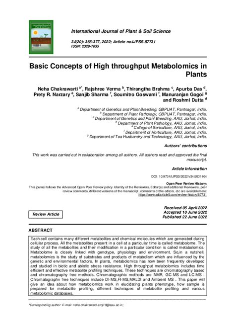 Pdf Basic Concepts Of High Throughput Metabolomics In Plants