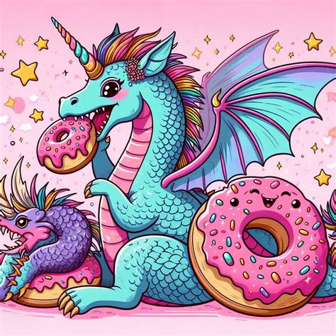 Cute Dragon Eating Doughnuts