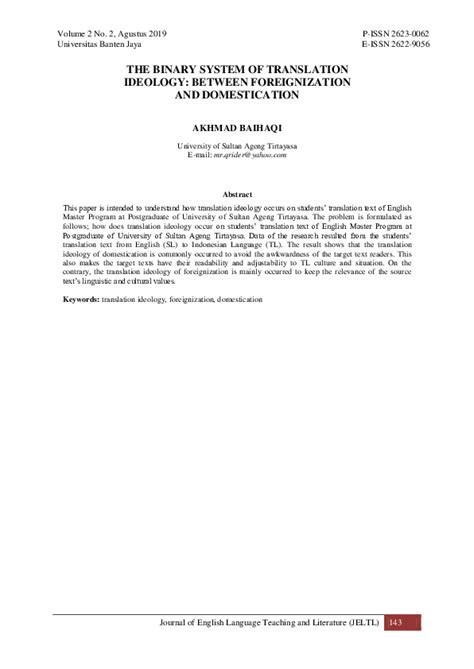 Pdf The Binary System Of Translation Ideology Between Foreignization And Domestication