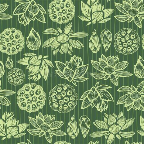 vector green rows of lotus flower leaf and seed pods 07 repeat pattern