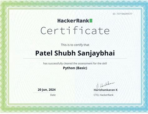 Earned Python Basics Certificate From Hackerrank Shubh Patel Posted