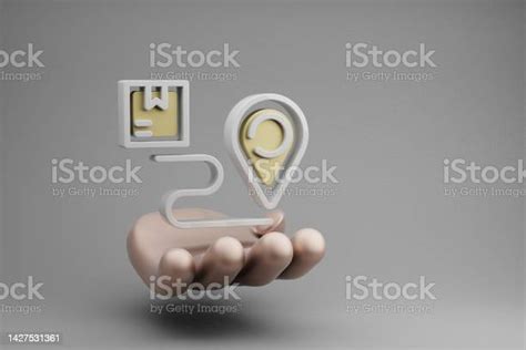 아름다운 추상적 인 삽화 회색 배경에 황금 손 들고 배달 위치 추적 기호 아이콘 3d 렌더링 그림 온라인 쇼핑 0명에 대한 스톡 사진 및 기타 이미지 Istock