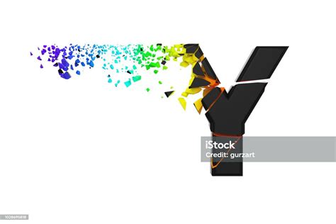 부서진된 무지개 빛깔의 알파벳 편지 Y 깨진 대문자 짓 눌린된 블랙 고 레인 보우 폰트입니다 3d 렌더링에 고립 된 흰색 배경 기둥 머리에 대한 스톡 사진 및 기타 이미지